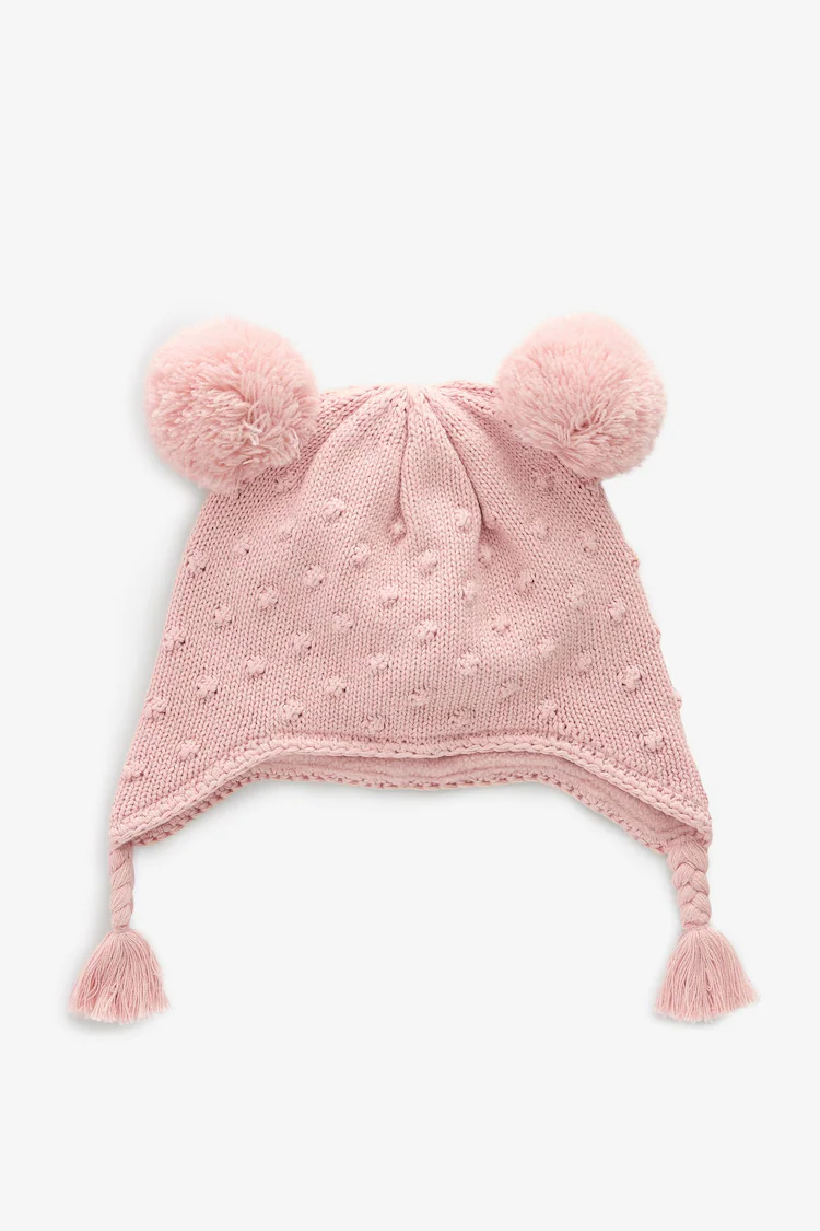 Pink Double Pom Knitted Trapper Hat (0mths-2yrs)