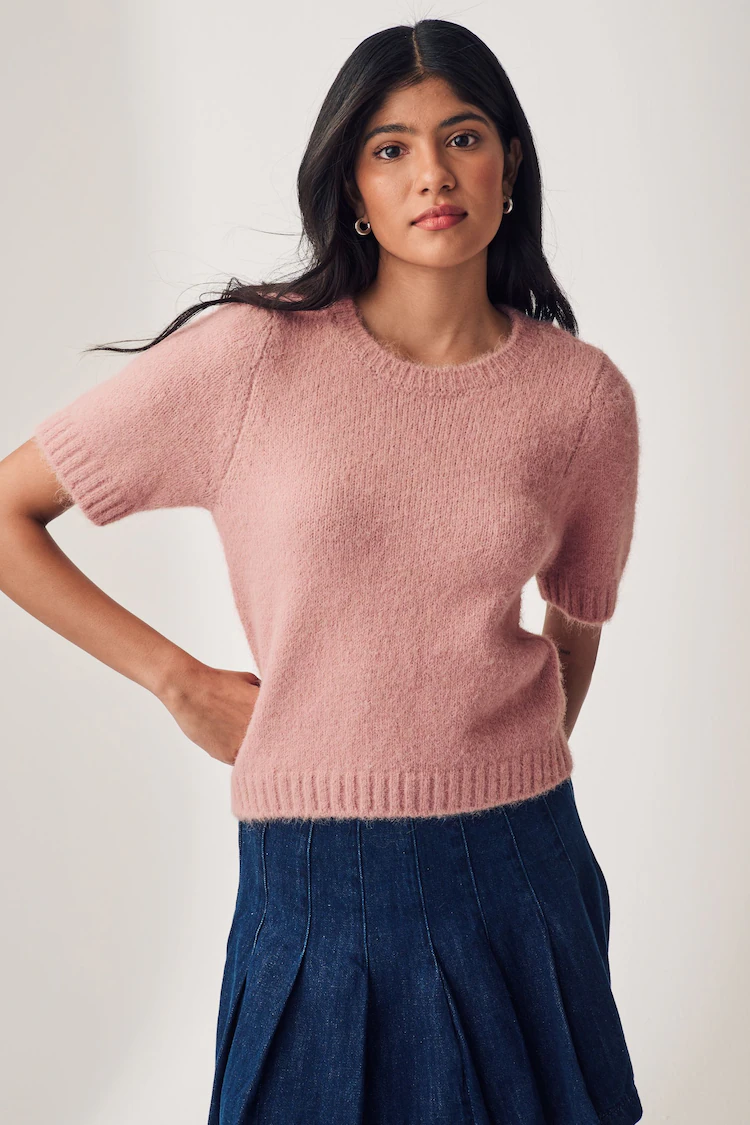 Blush Pink Short Sleeve Crew Neck Jumper With Wool