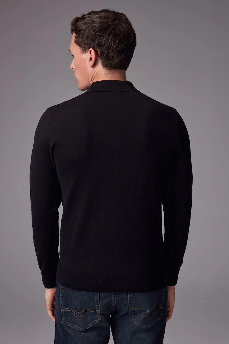 Black Slim Fit Knitted Long Sleeve Polo Shirt