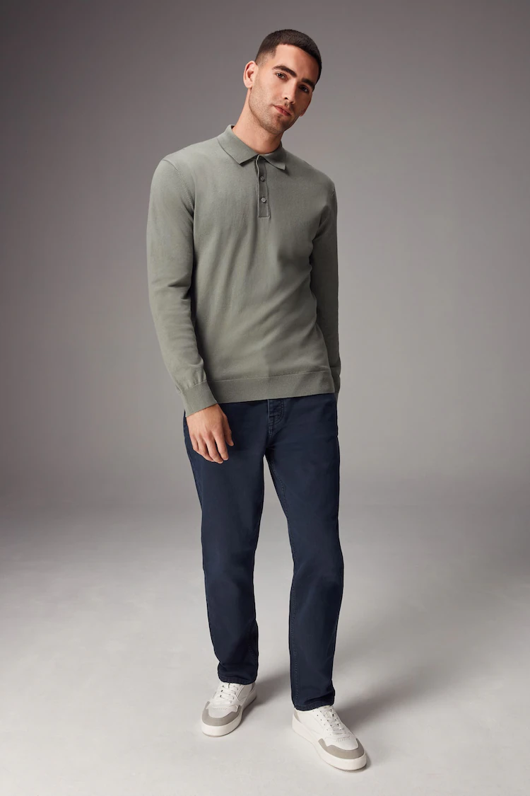 Sage Green Regular Fit Knitted Long Sleeve Polo Shirt