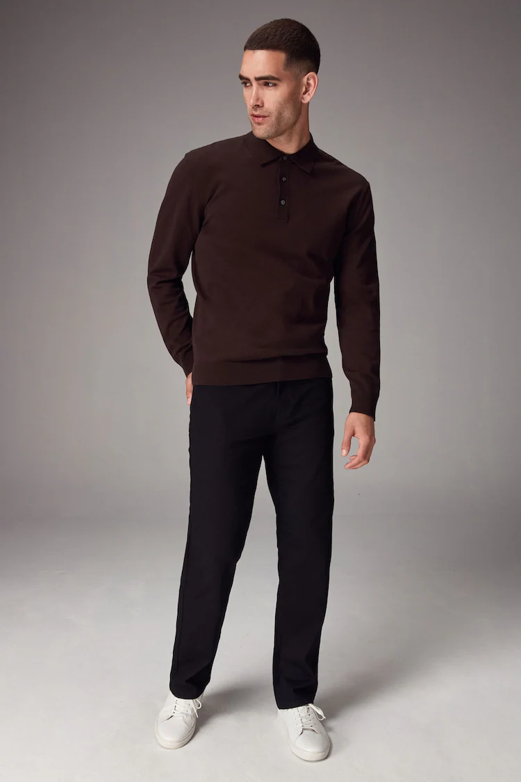 Chocolate Brown Regular Fit Knitted Long Sleeve Polo Shirt