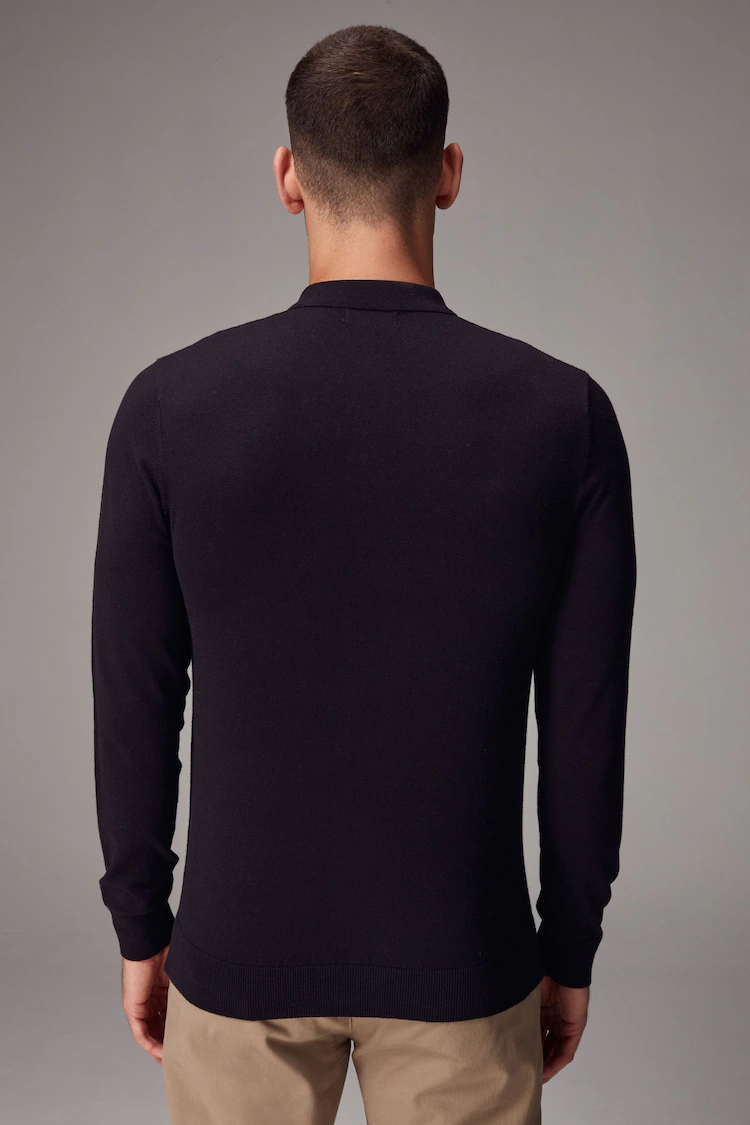 Black Regular Fit Knitted Long Sleeve Polo Shirt