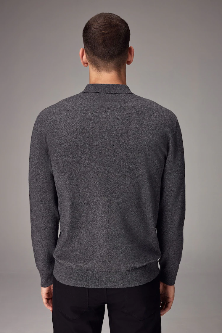 Charcoal Grey Regular Fit Knitted Long Sleeve Polo Shirt