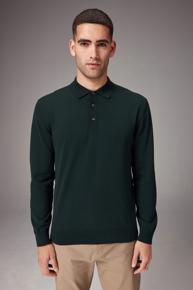 Dark Green Regular Fit Knitted Long Sleeve Polo Shirt