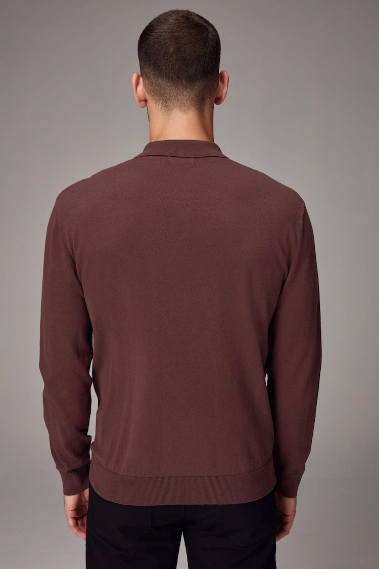 Red/Brown Regular Fit Knitted Long Sleeve Polo Shirt