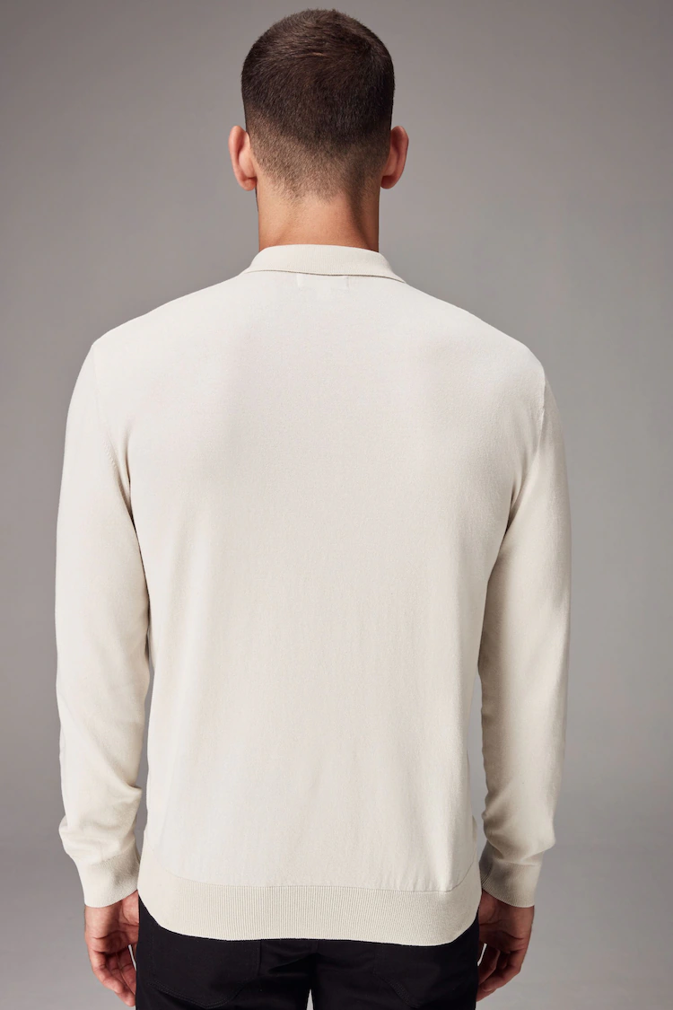 Ecru White Regular Fit Knitted Long Sleeve Polo Shirt