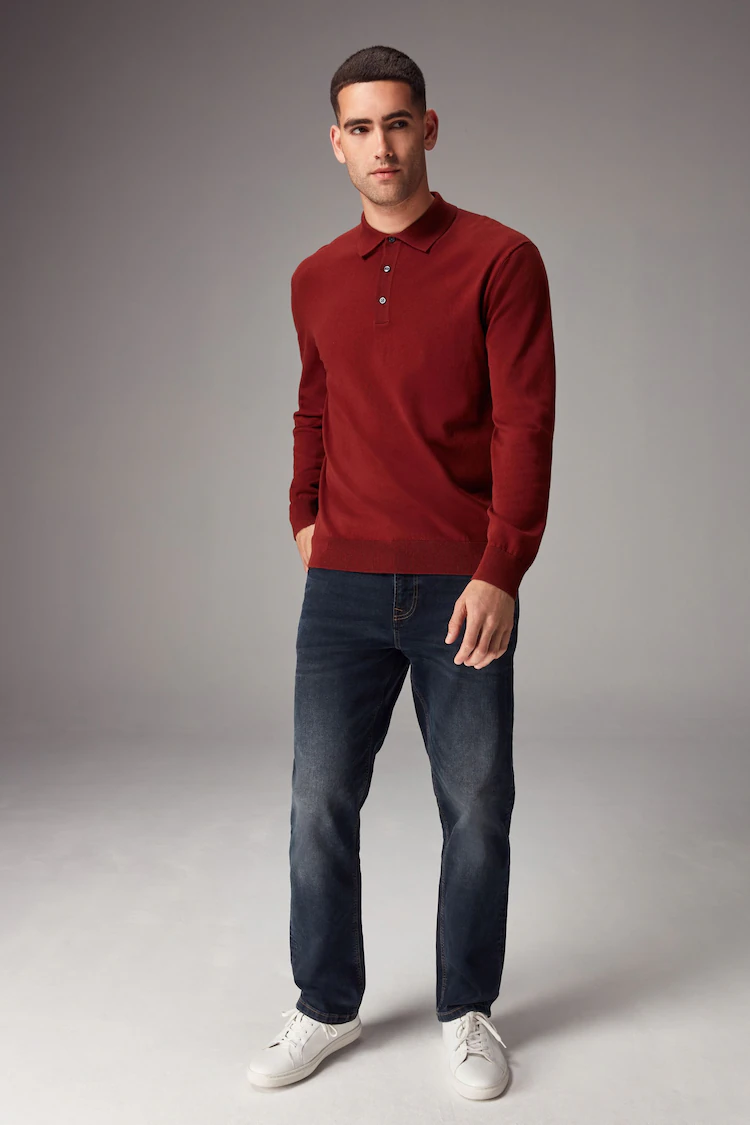 Rust Red Regular Fit Knitted Long Sleeve Polo Shirt