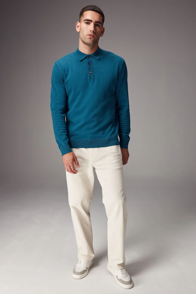 Turquoise Blue Regular Fit Knitted Long Sleeve Polo Shirt