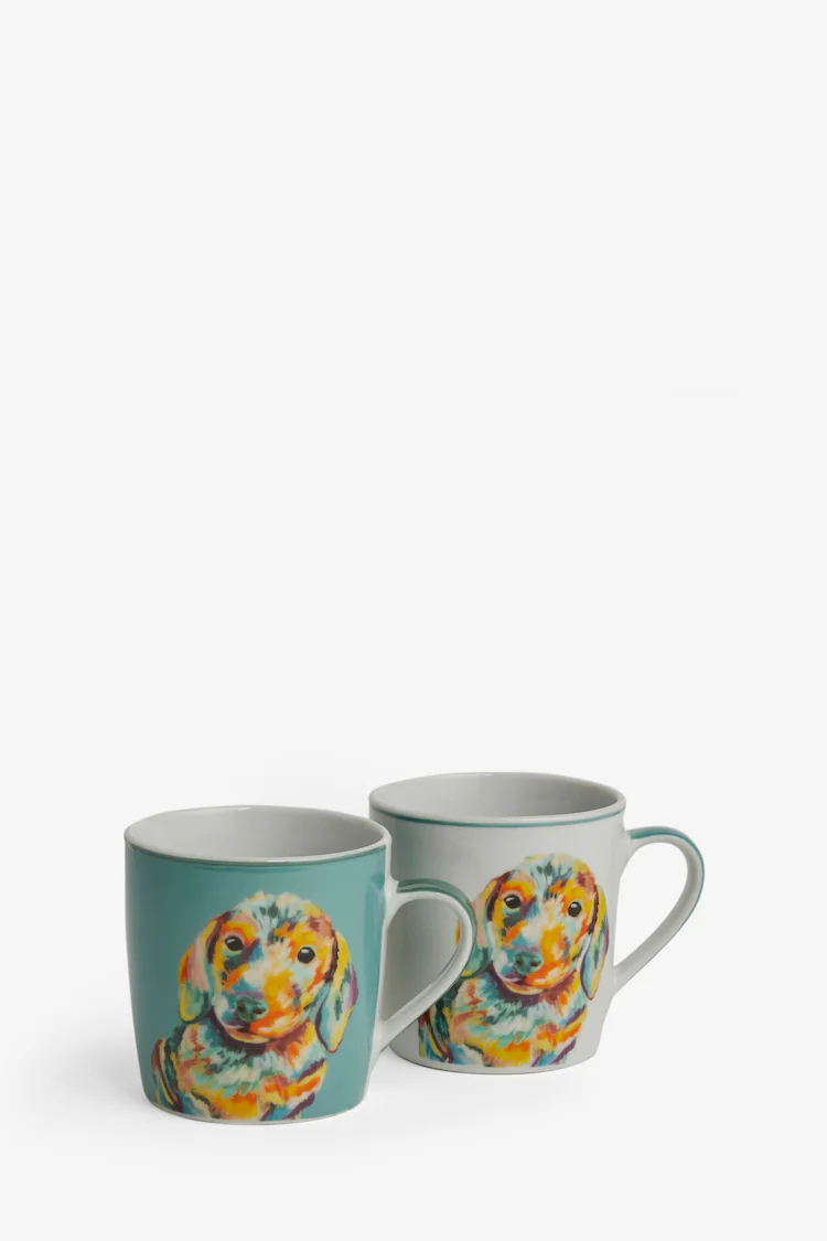 Set of 2 Teal Blue Sausage Dog Mugs