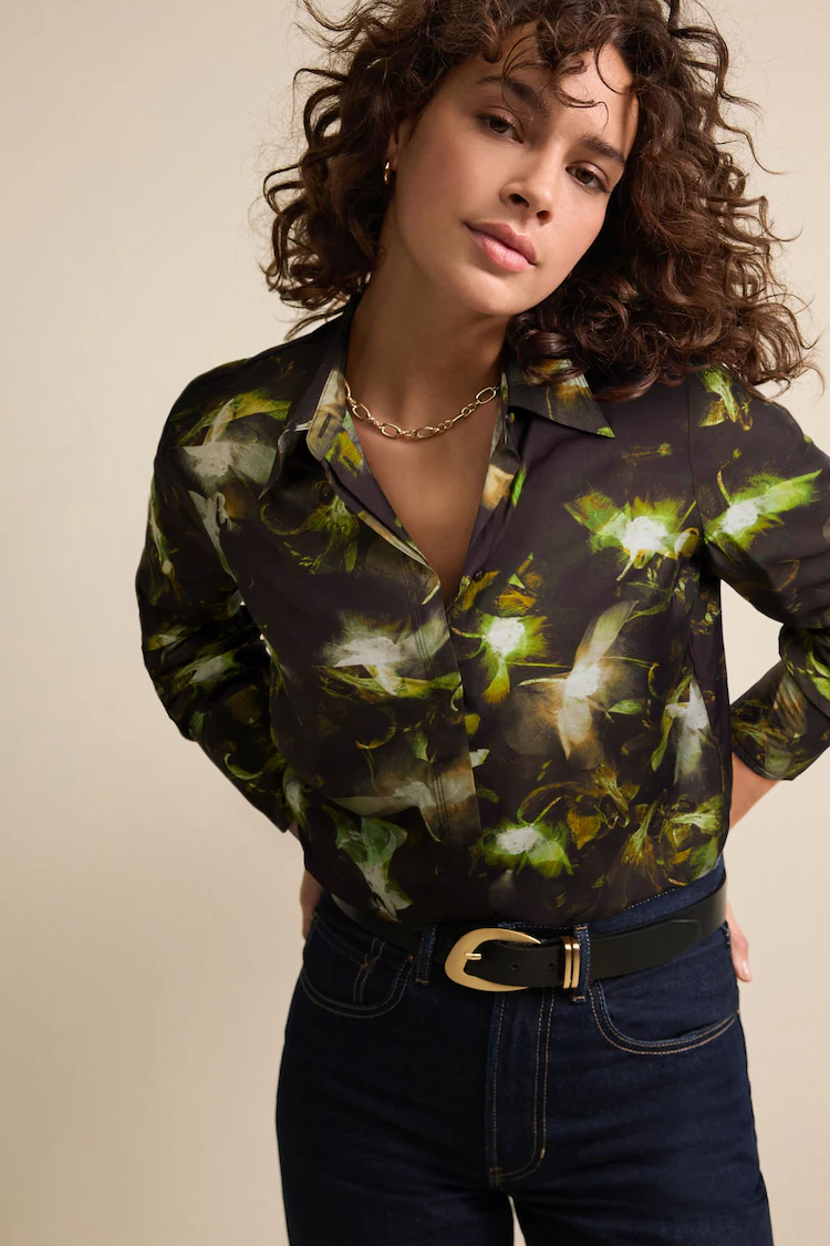 Blurred Floral Print Long Sleeve Button Down Shirt