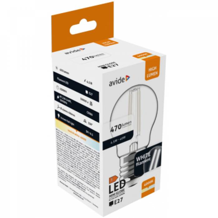 LED White filament lopta Mini 4.5W E27 NW 4000K