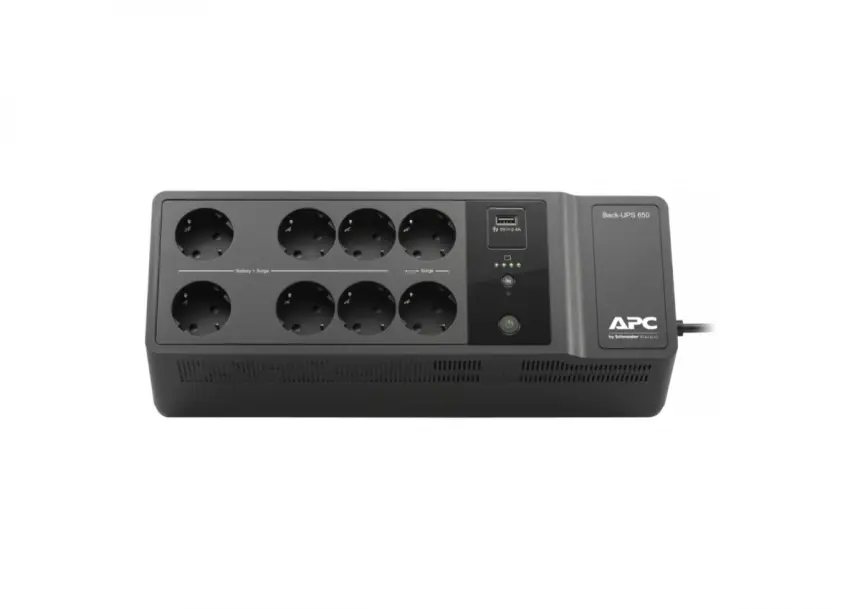 APC Back-UPS 650VA, Standby, Floor, 650VA/400W, 230V, AVR, 8x Schuko (6x Full + 2x Surge), USB Type-A Fast Charger Port (2.4A), PF 0.61 (Full load), Battery 7Ah (APCRBC110), Line Protection RJ-45