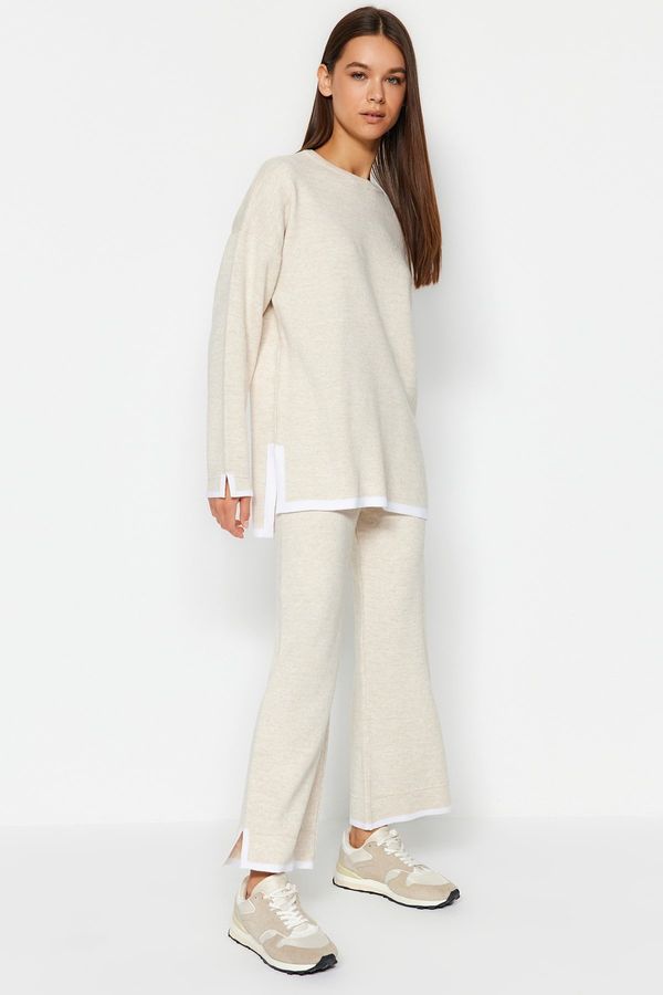 TRENDYOL BEIGE WIDE FIT CONTRAST COLOR KNITWEAR TWO PIECE SET