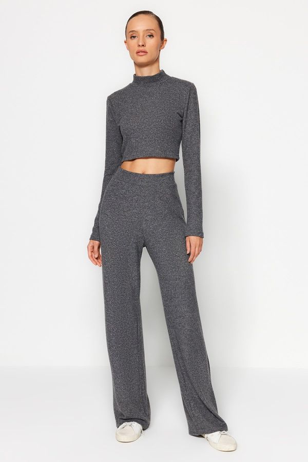 Trendyol Anthracite Stand-up Collar Soft Crop and Wide Leg Knitted Bottom-Top Set