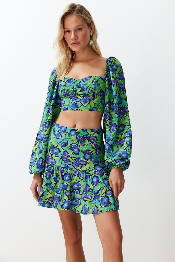 TRENDYOL FLORAL PATTERN WOVEN BALLOON SLEEVE BLOUSE AND SKIRT SUIT