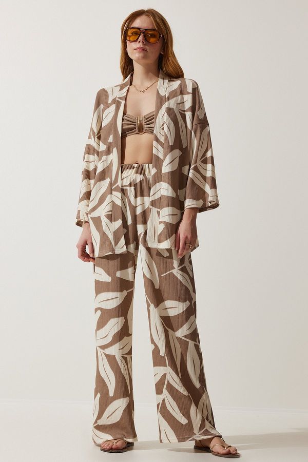 HAPPINESS İSTANBUL WOMEN'S MINK PATTERNED CRINKLE SUMMER JACKET PALAZZO SUIT