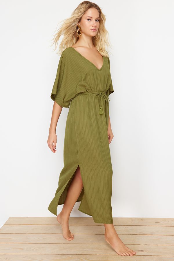 TRENDYOL KHAKI MAXI WOVEN TIE-UP BEACH DRESS