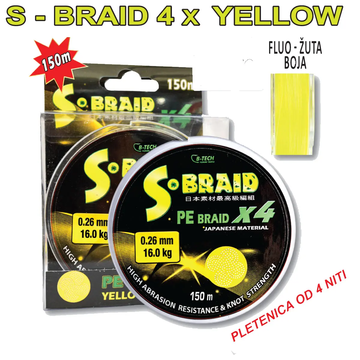 S-Braid Najlon X4, 150m, 32mm, Žuti