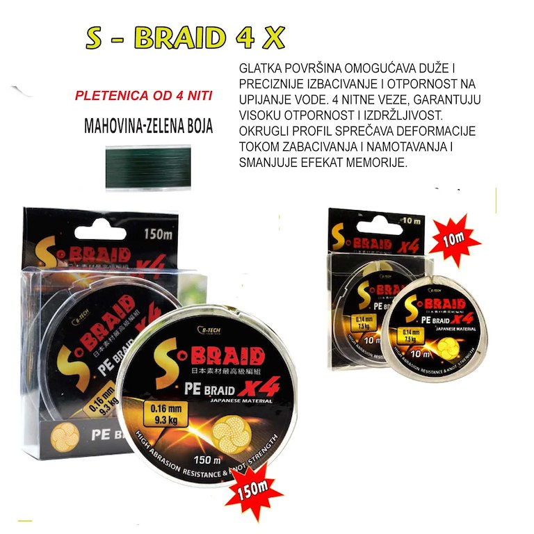 S-Braid Najlon 4X, 150m, 25mm, Zelena