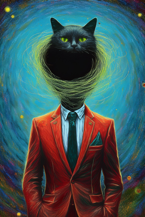 Black Hole-Headed Man with a Spaghettified Cat