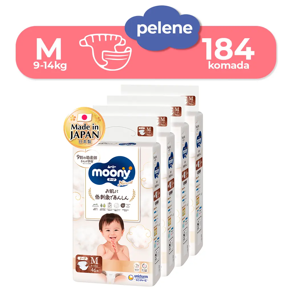 Moony Natural Pelene M, 9-14kg, 184 komada