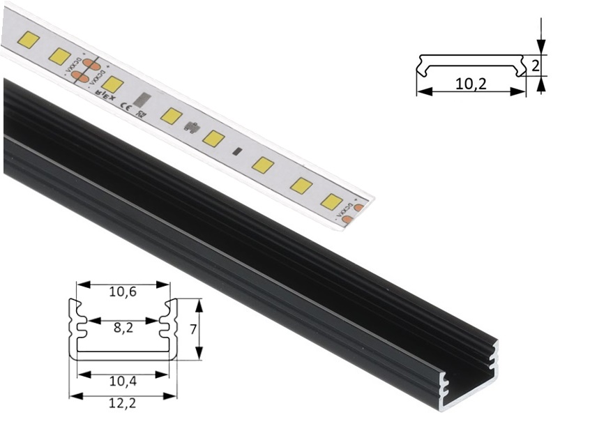 LED PROFIL EO10 NADGRADNI SA DIFUZOROM, 3 boje profila, 2 boje difuzora, dužina 2 metra