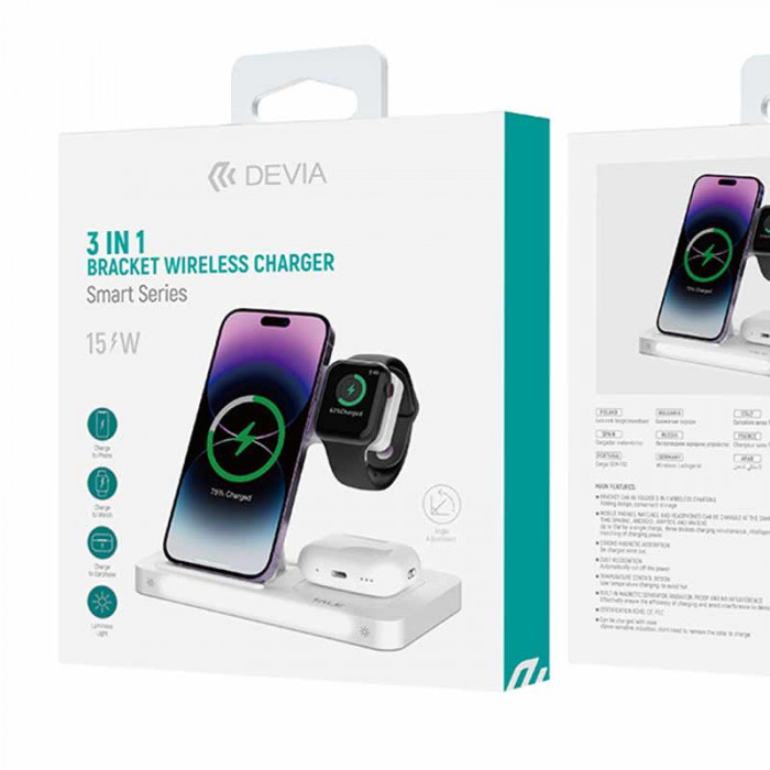 Punjač Devia 3u1 15W Beli Za telefon-smart watch-slušalice