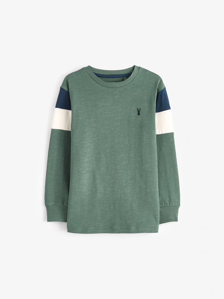 Green/Navy Blue Colourblock 100% Cotton Long Sleeve T-Shirts 3 Pack (3-16yrs)