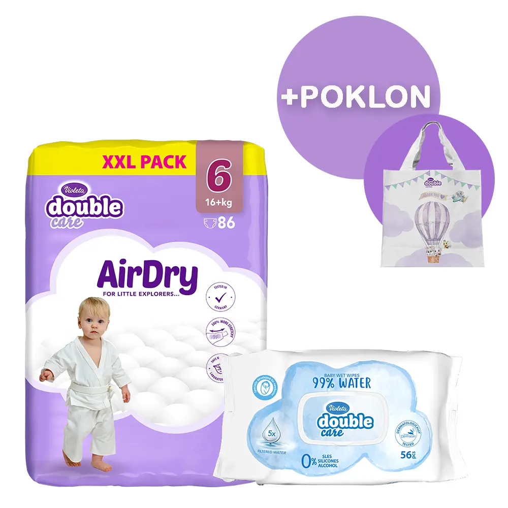 Violeta DC Giga Air Dry Pelene za bebe, 6, Junior, 86 komada + Water Care Vlažne maramice, 56 komada + POKLON Violeta Ceger