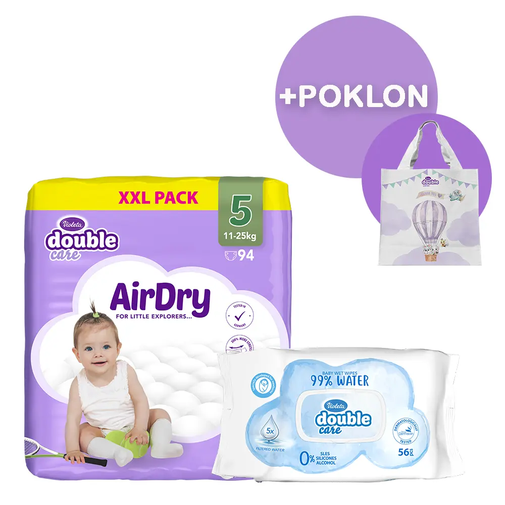 Violeta DC Giga Air Dry Pelene za bebe, 5, Junior, 94 komada + Water Care Vlažne maramice, 56 komada + POKLON Violeta Ceger