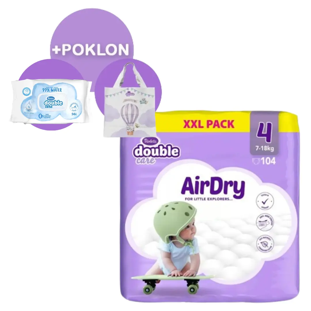 Violeta DC Giga Air Dry Pelene za bebe, 4, Maxi, 104 komada + Water Care Vlažne maramice, 56 komada + POKLON Violeta Ceger