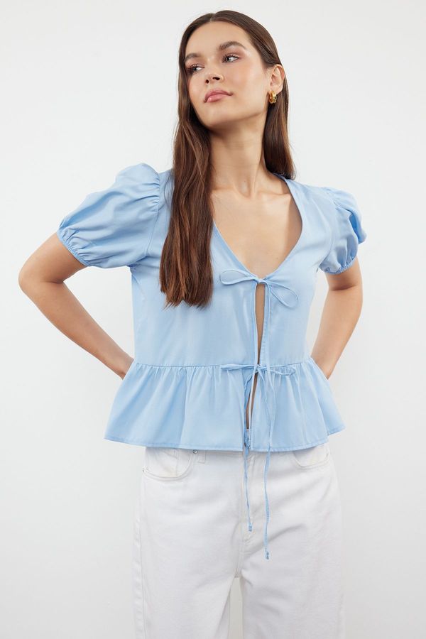 TRENDYOL BLUE TIE-UP WOVEN SHIRT