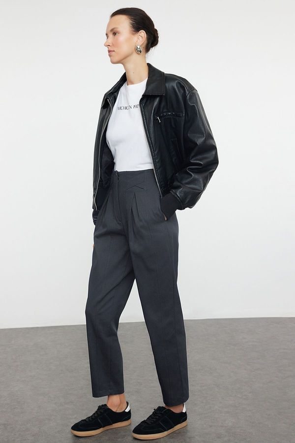 TRENDYOL ANTHRACITE COTTON CARROT PATTERN STRIPE DETAILED WOVEN TROUSERS