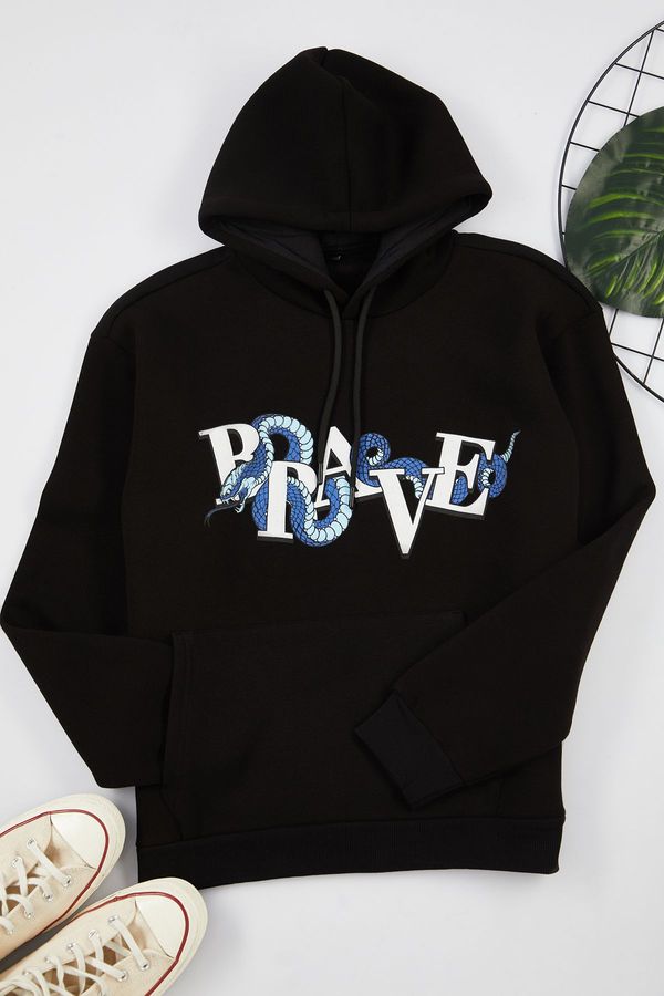 TRENDYOL BLACK OVERSIZE/WIDE CUT HOODED PUFFY PRINT FLEECE/WARM SWEATSHIRT