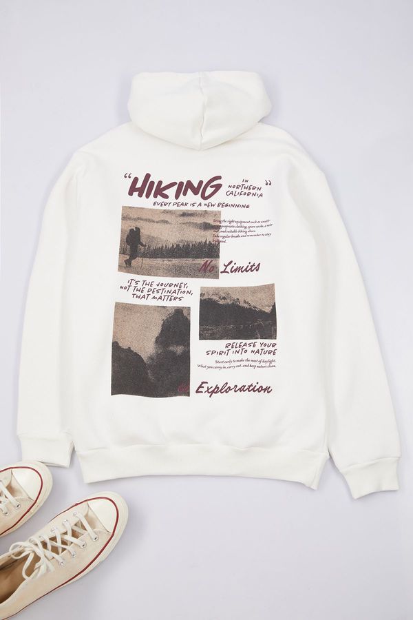 TRENDYOL ECRU OVERSIZE/WIDE CUT HOODED BACK PRINTED FLEECE/WARM SWEATSHIRT