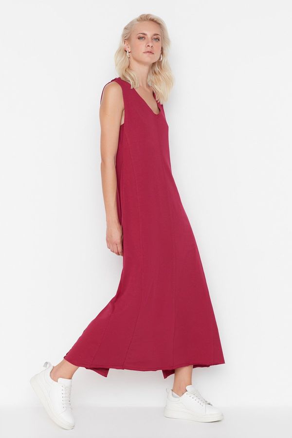 TRENDYOL DARK PLUM V-NECK MAXI LENGTH KNITTED DRESS