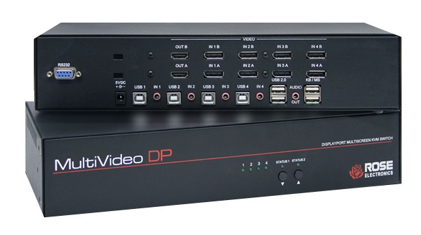 Rose Electronics Multivideo DP, 4 Port Quad_Head Dsiplay Port KVM Swich, DP+USB+Audio DP Input, HDMI