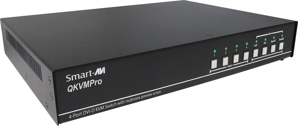 SmartAVI 4-Port DVI-D/USB KVM Switch with Multiview Preview Screen and USB 2.0 / Audio Support.