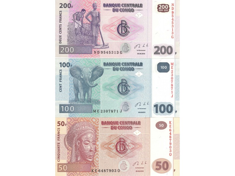 CONGO Kongo lot 50, 100 i 200 Francs 2013 UNC