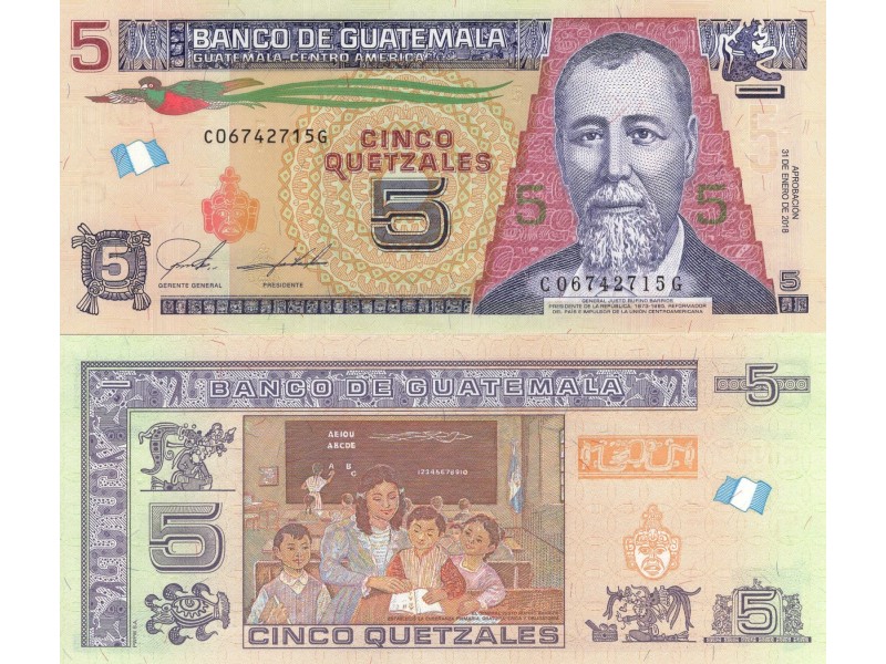 GUATEMALA Gvatemala 5 Quetzal 2018 UNC, P-122