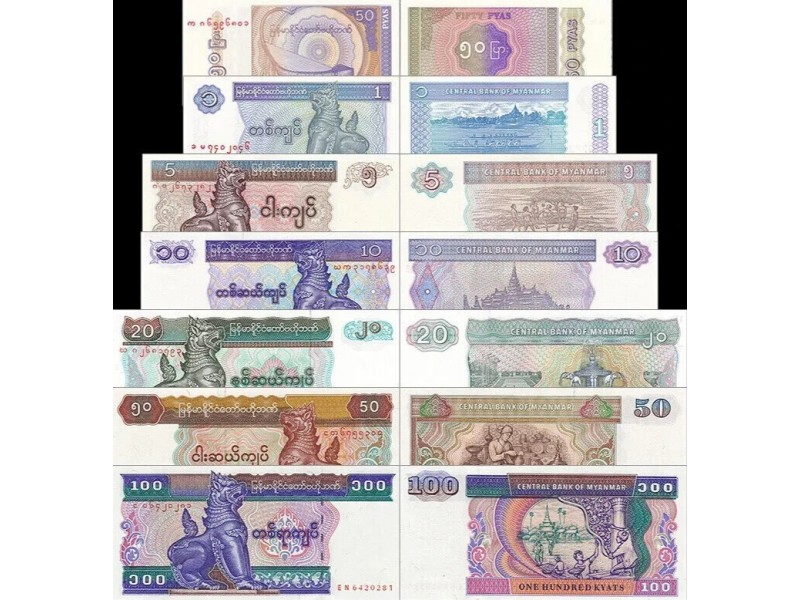 MYANMAR set 50 Pyas - 100 Kyats 1994-1997 UNC, 7 novčan