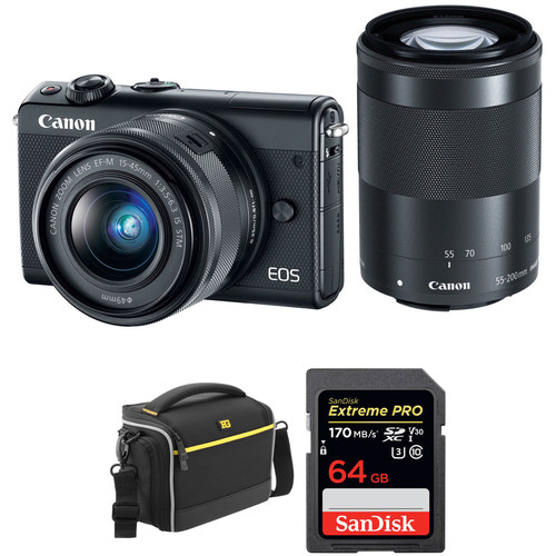 Canon EOS M100 Mirrorless Digital Camera with 15-45mm and 55-200mm Lenses and Accessories Kit (Black)