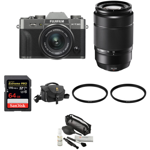 FUJIFILM X-T30 Mirrorless Digital Camera with 15-45mm and 50-230mm Lenses and Accessories Kit (Charcoal Silver/Black)