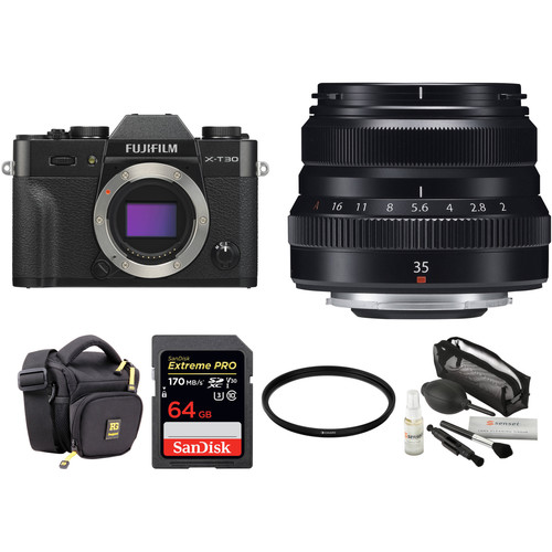 FUJIFILM X-T30 Mirrorless Digital Camera with 35mm f/2 Lens and Accessories Kit (Black)