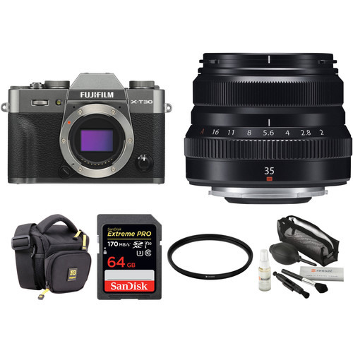 FUJIFILM X-T30 Mirrorless Digital Camera with 35mm f/2 Lens and Accessories Kit (Charcoal Silver)