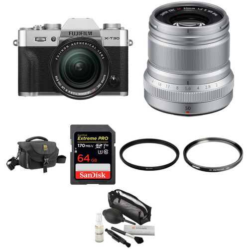 FUJIFILM X-T30 Mirrorless Digital Camera with 18-55mm and 50mm f/2 Lenses and Accessories Kit (Silver)