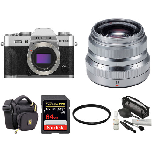 FUJIFILM X-T30 Mirrorless Digital Camera with 35mm f/2 Lens and Accessories Kit (Silver)