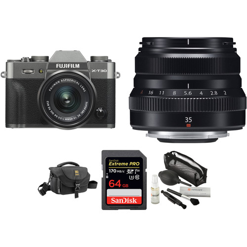 FUJIFILM X-T30 Mirrorless Digital Camera with 15-45mm and 35mm f/2 Lenses and Accessories Kit (Charcoal Silver)