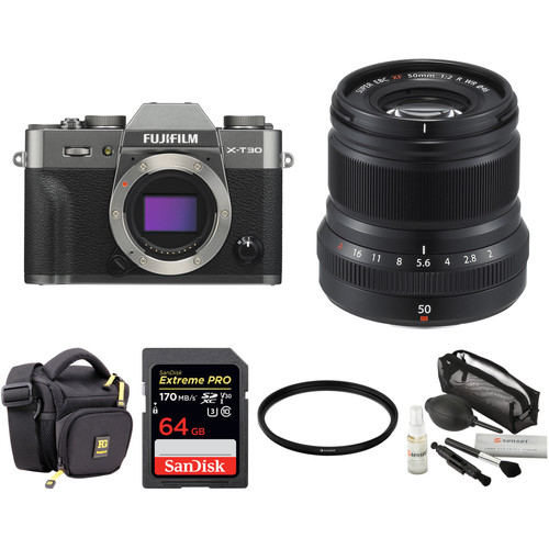 FUJIFILM X-T30 Mirrorless Digital Camera with 50mm f/2 Lens and Accessories Kit (Charcoal Silver)