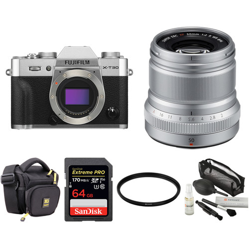 FUJIFILM X-T30 Mirrorless Digital Camera with 50mm f/2 Lens and Accessories Kit (Silver)